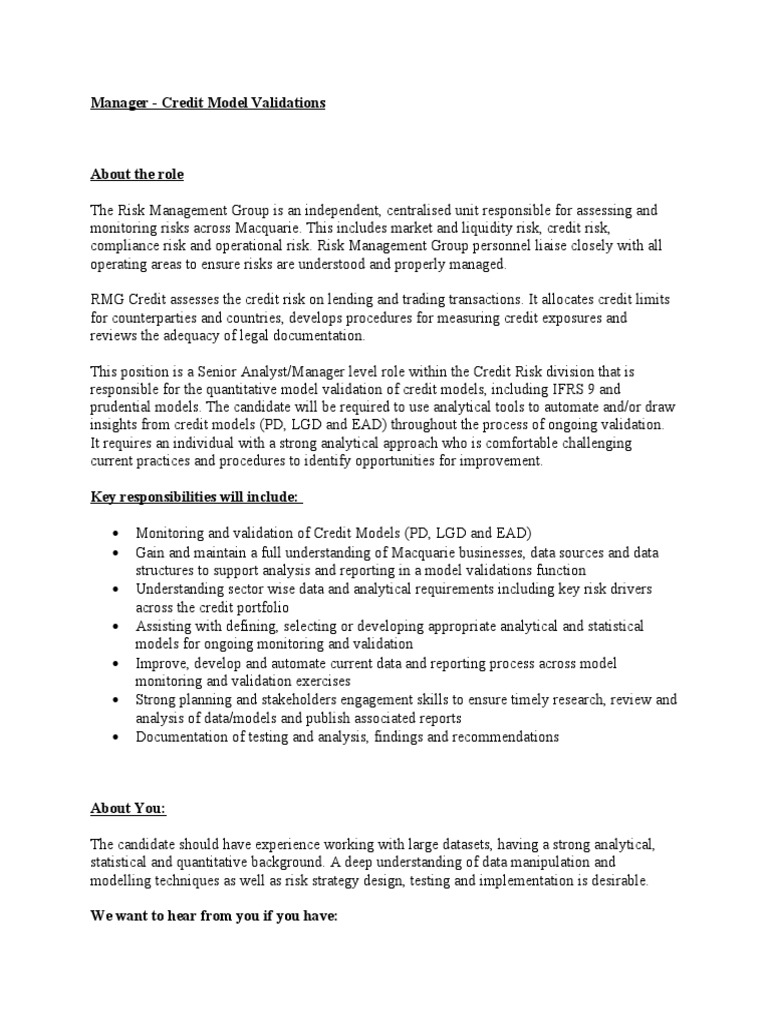 JD - Credit Model Validations | PDF | Credit Risk | Risk