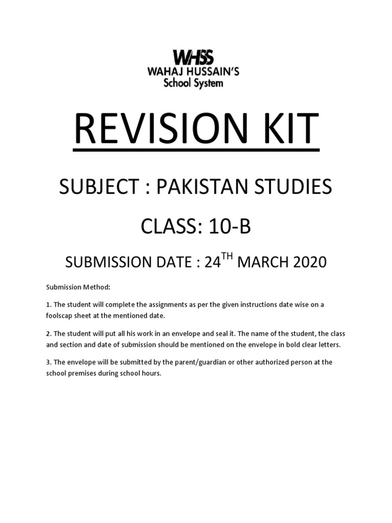 Revision Kit: Subject: Pakistan Studies CLASS: 10-B | PDF | Muhammad ...