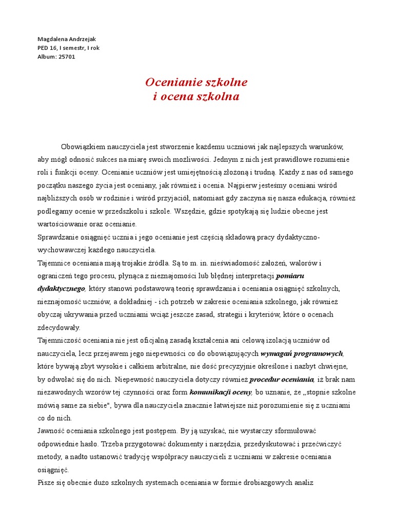 Ocenianie I Ocena Szkolna | PDF