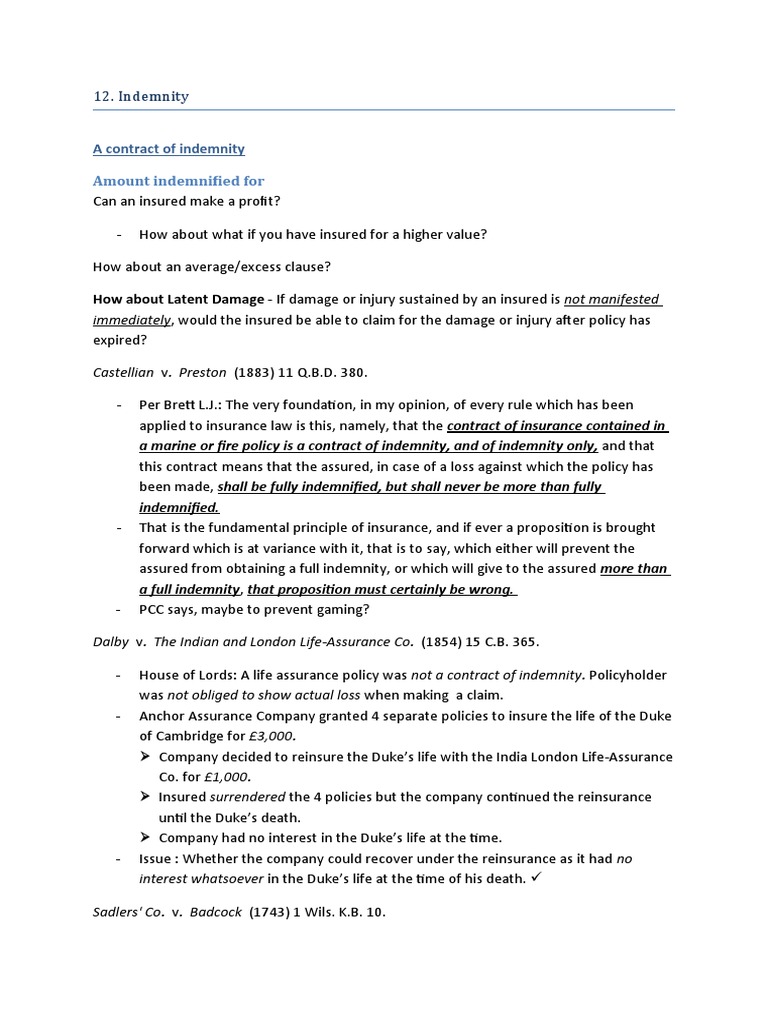 Insurance Law Indemnity Pdf Indemnity Insurance