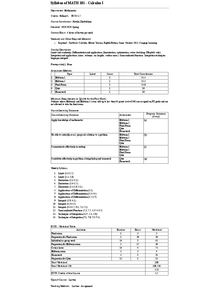 MATH 101 MATH Syllabus PDF | PDF | Integral | Derivative