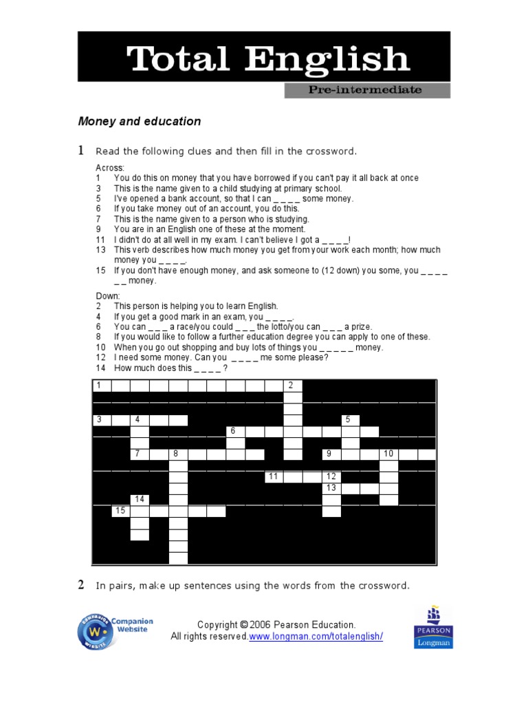 Money and Education: Read The Following Clues and Then Fill in The ...