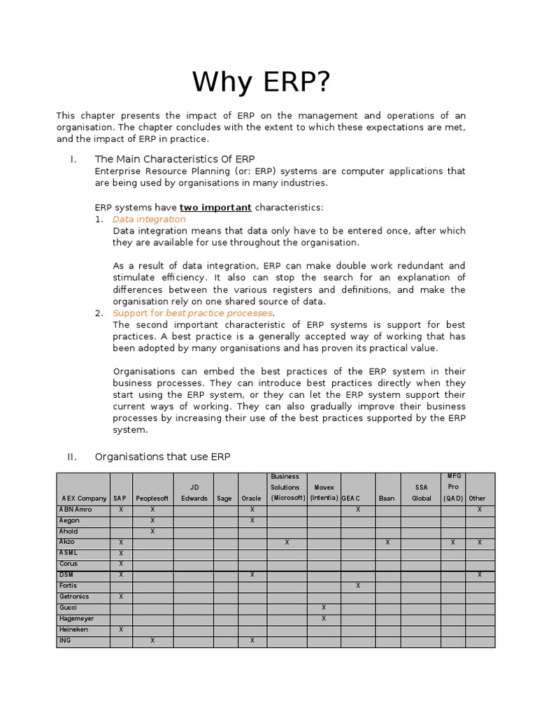 Why ERP?: I. The Main Characteristics of ERP | PDF | Enterprise ...