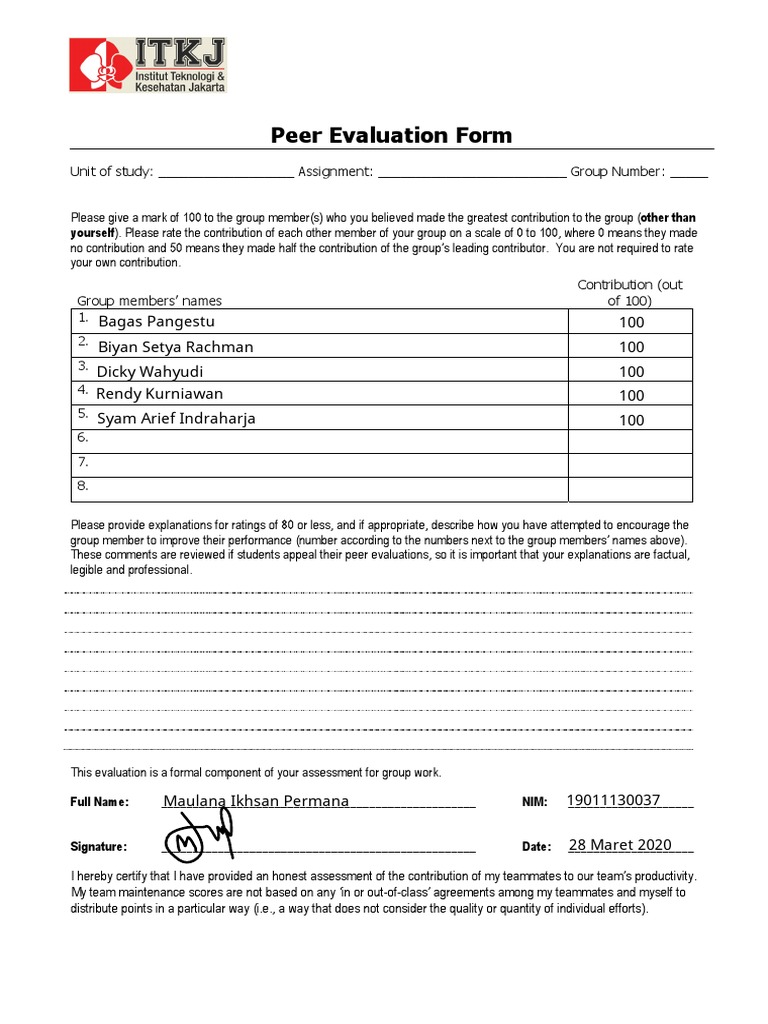 Peer Evaluation Form Template 1 | PDF | Cognition | Behavior Modification