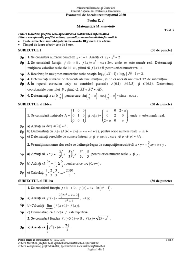 E C Matematica M Mate-Info 2020 Test 03 PDF | PDF