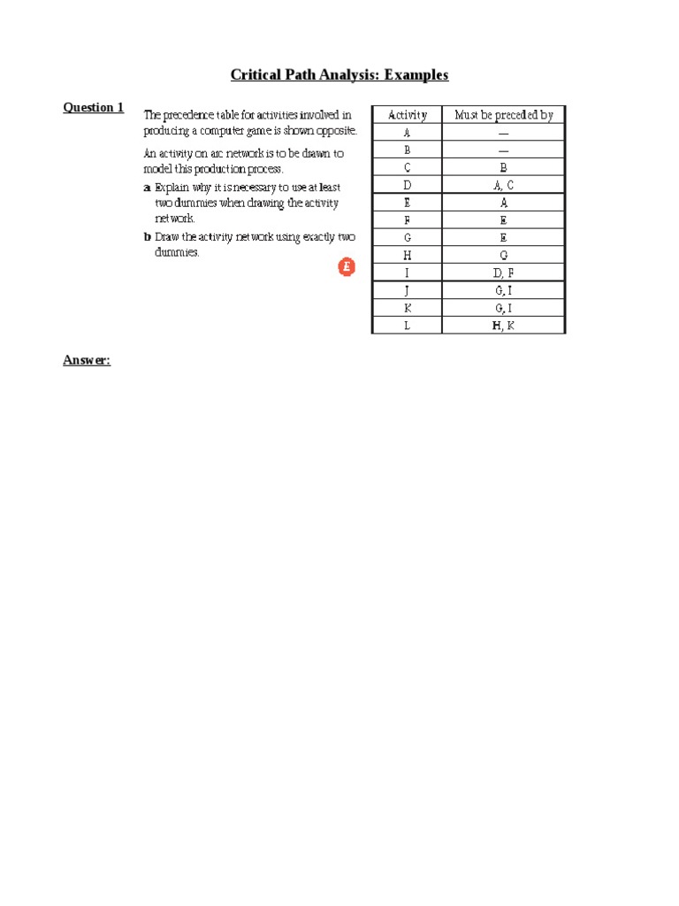 Critical Path Analysis: Examples | PDF