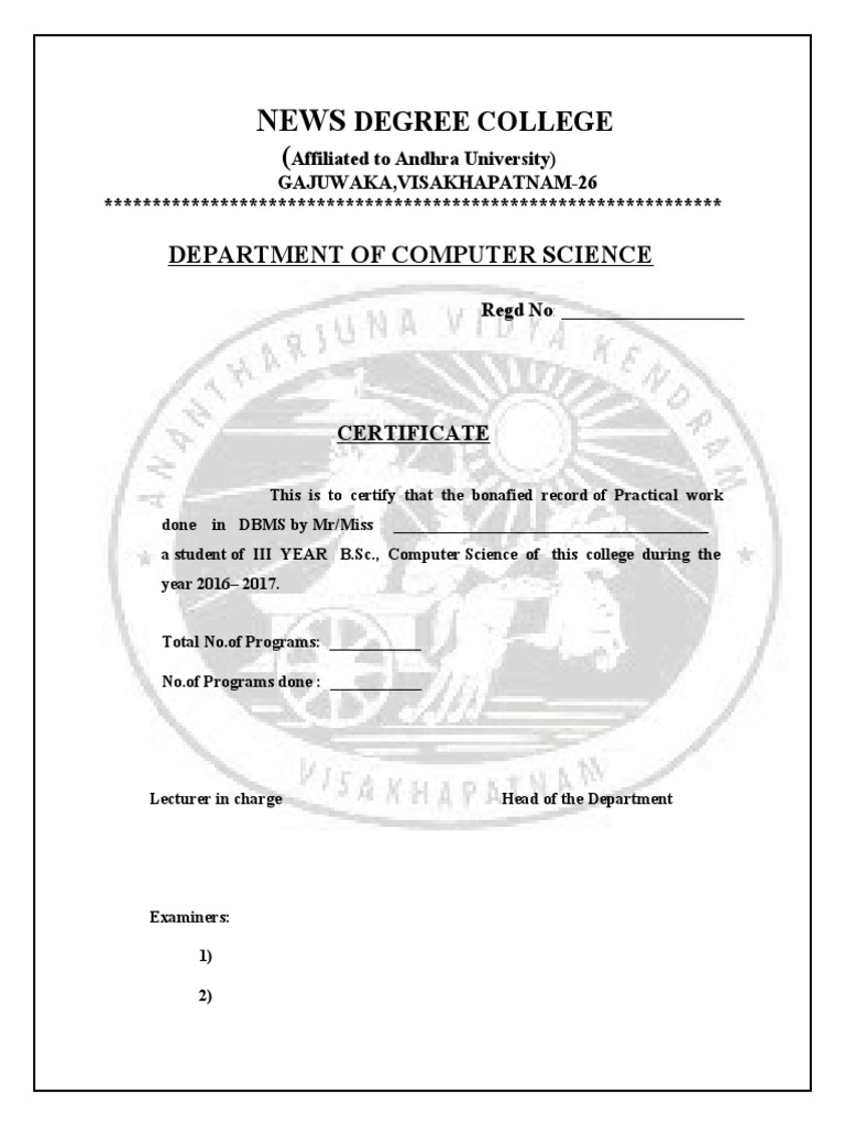 DBMS Practical Work Certificate | PDF | Pl/Sql | Databases