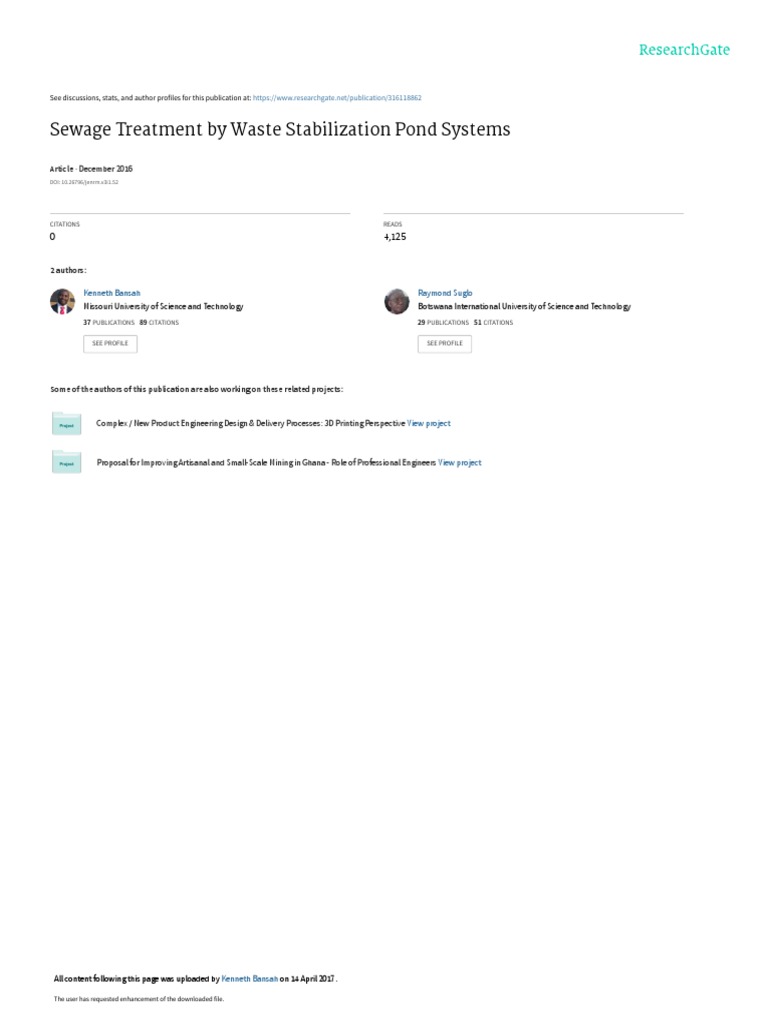 Sewage Treatment by Waste Stabilization Pond Systems: December 2016 ...