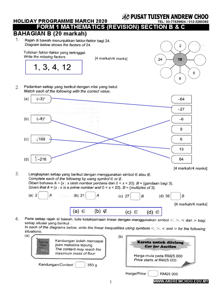 Pt3 Mathematics Form 1 Revision KSSM | PDF | Finance & Money Management