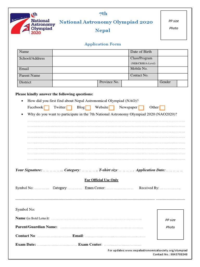 7th National Astronomy Olympiad 2020 Nepal: Application Form | PDF ...