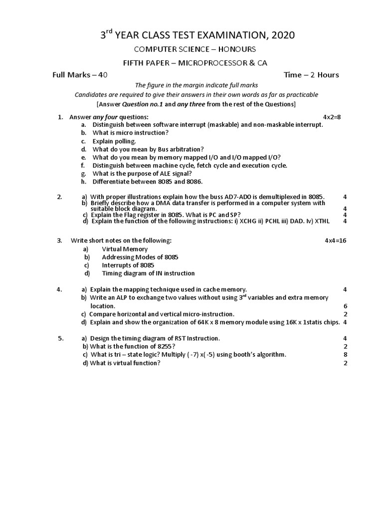 3rd Year Class Test Exam, 2020 (Microprocessor & CA) | PDF | Digital ...