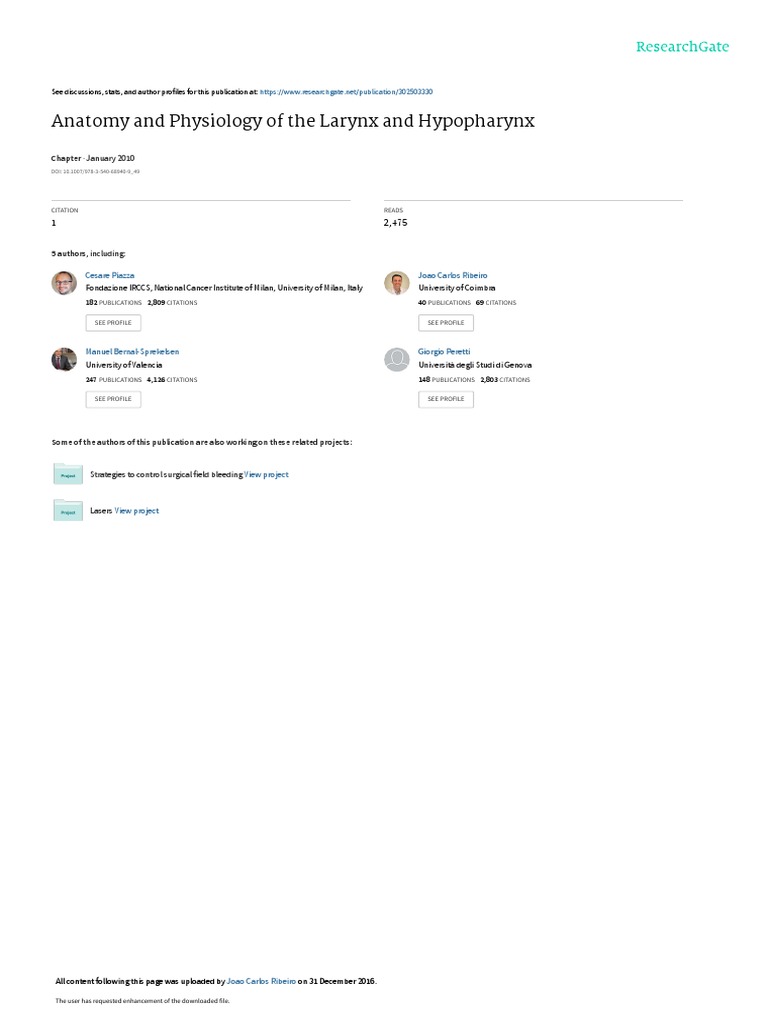 Anatomy and Physiology of the Larynx and Hypopharynx | PDF | Larynx | Common Carotid Artery