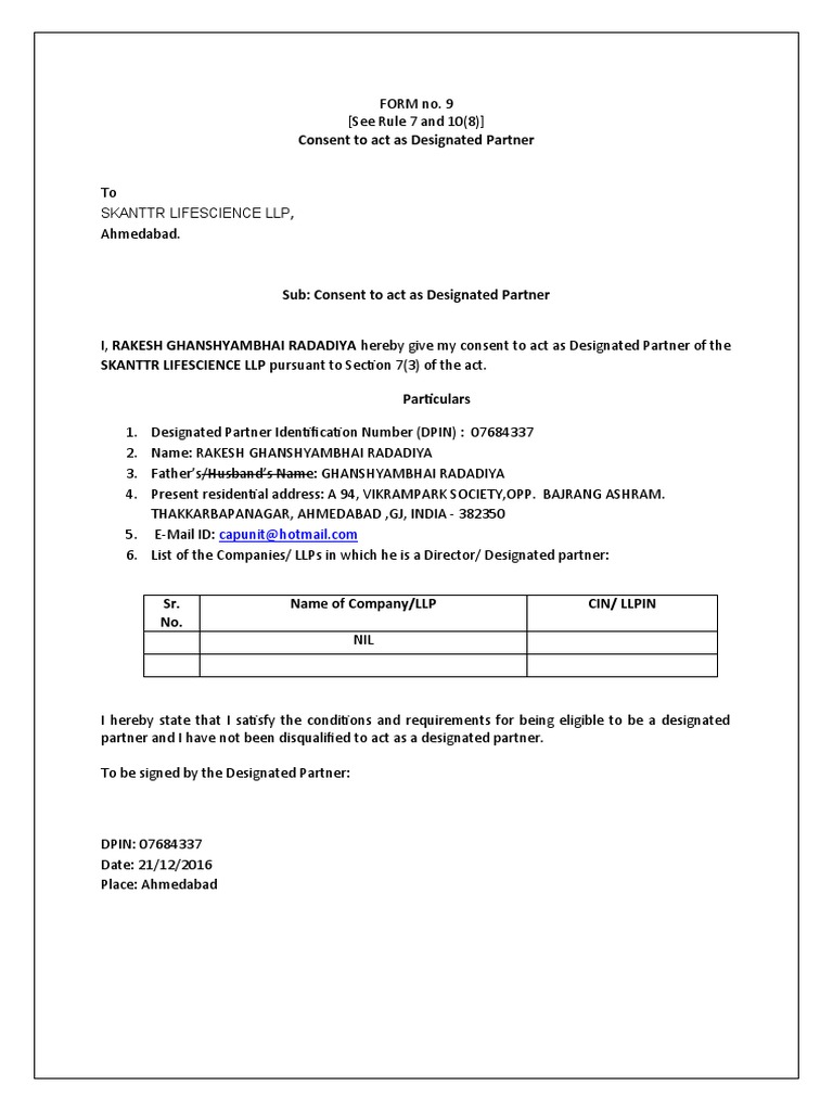 Consent To Act As Designated Partner: Skanttr Lifescience LLP | PDF ...