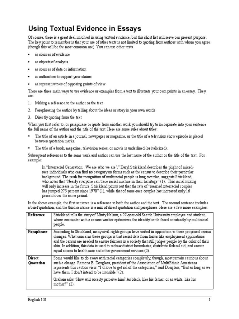 Using Textual Evidence in Essays | PDF | Bracket | Citation