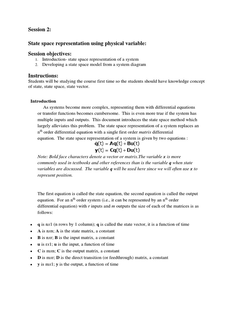 S2. State Space Representation Using Physical Variable | PDF | Matrix ...