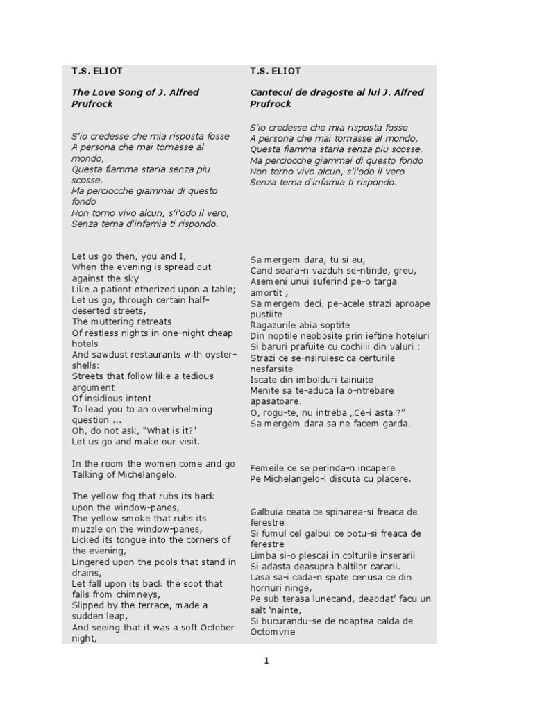 T.S. ELIOT, The Love Song of J, Alfred Prufrock, Text | PDF