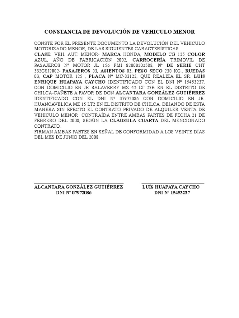 Constancia de Devolución de Vehiculo Menor | PDF