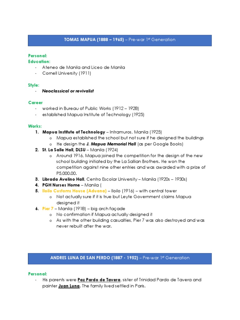FILIPINO ARCHITECTS - Tomas Mapua and Andres Luna de San Pedro | PDF ...