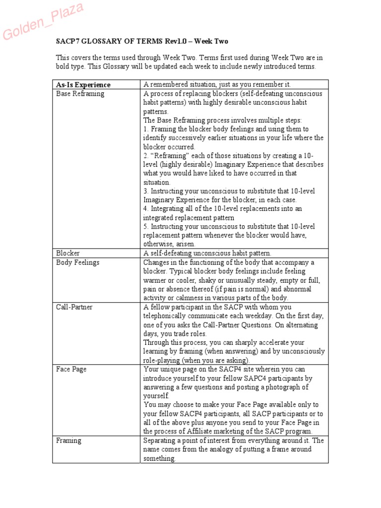 Golden - Plaza: Sacp7 Glossary of Terms Rev1.0 - Week Two | PDF | Perception | Memory