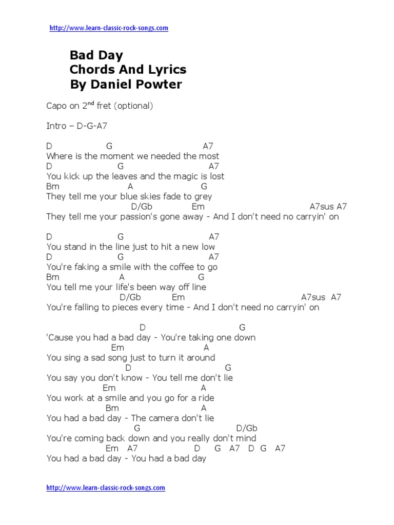 Bad Day Chords and Lyrics by Daniel Powter | PDF | Songs | Pop Songs