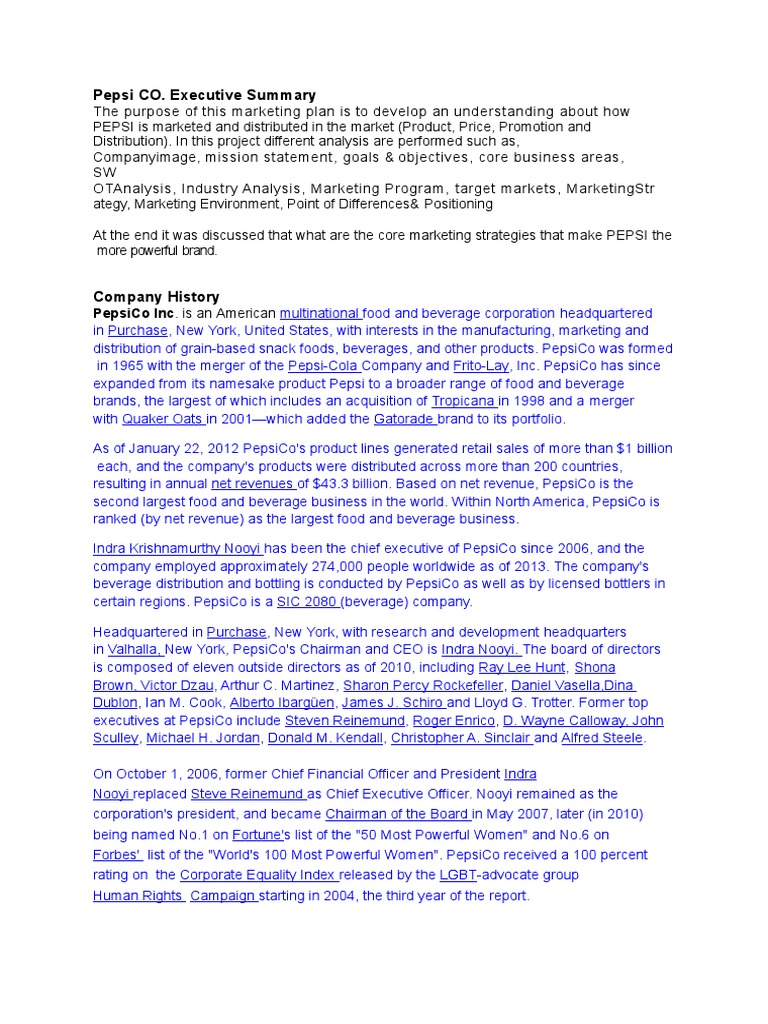 Pepsi Co. Executive Summary: Pepsico Inc. Is An American | PDF | Pepsi ...