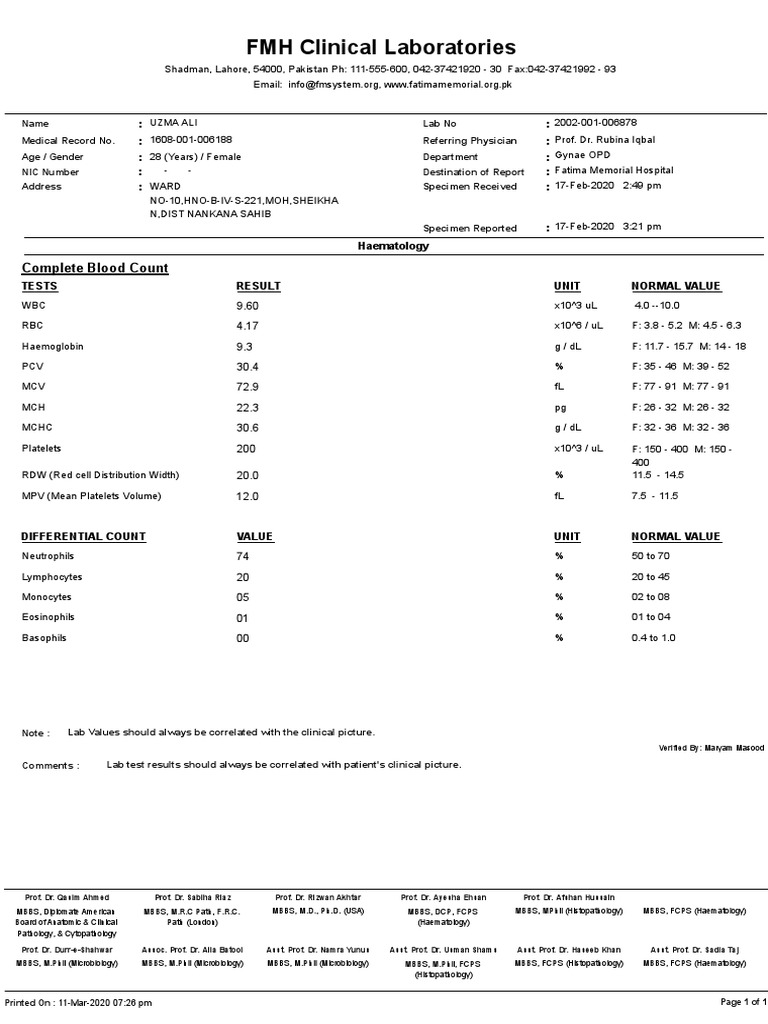 FMH Clinical Laboratories: Complete Blood Count | PDF | Blood | Health ...
