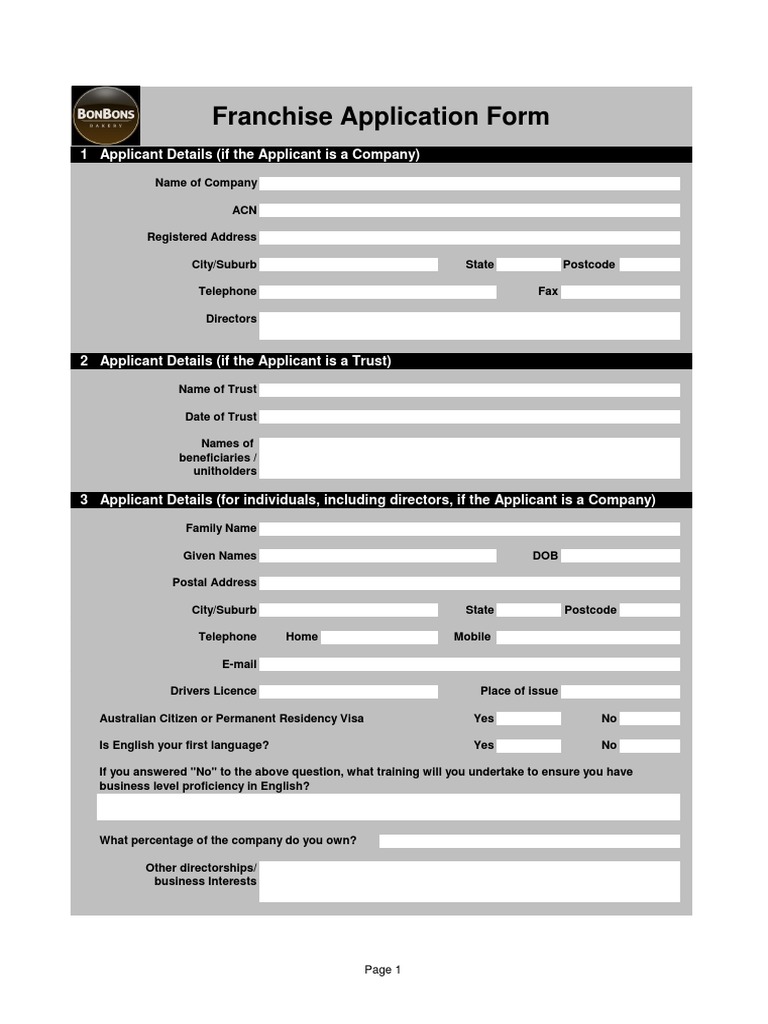 Bakery Franchise Application Form Template | PDF | Franchising ...