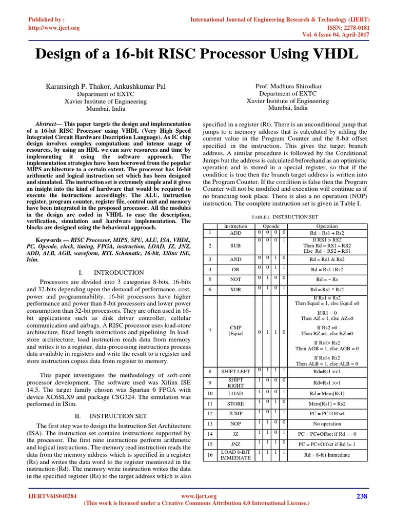 Design of A 16 Bit Risc Processor Using VHDL IJERTV6IS040284 PDF | PDF | Central Processing Unit ...