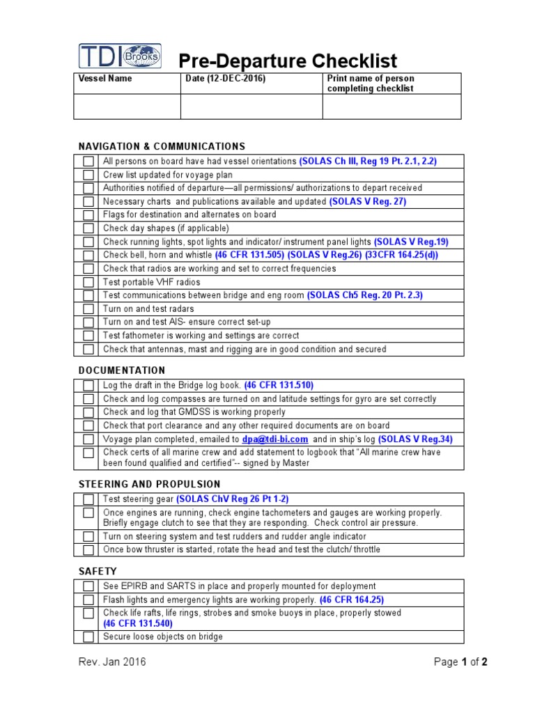 Pre-Departure Checklist: Vessel Name Date (12-DEC-2016) Print Name of ...