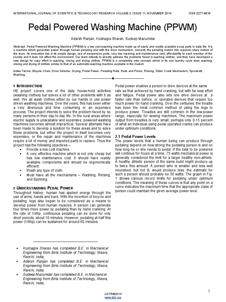 Pedal Powered Washing Machine PPWM | PDF | Washing Machine | Gear