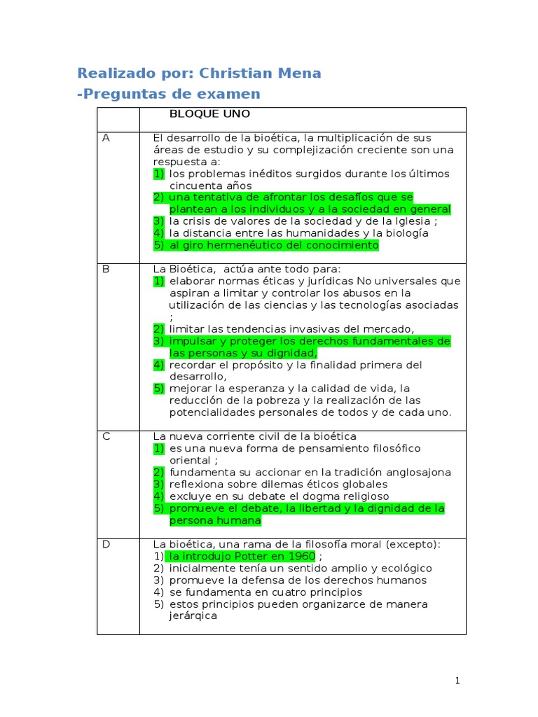 Preguntas de Examen Christian Mena | PDF | Bioética | Moralidad