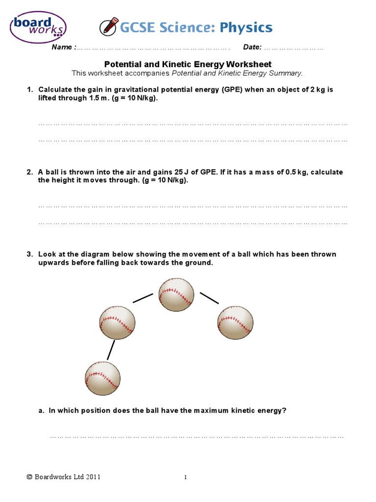 Potential and Kinetic Energy Worksheet: Name: . Date | PDF | Gravity ...