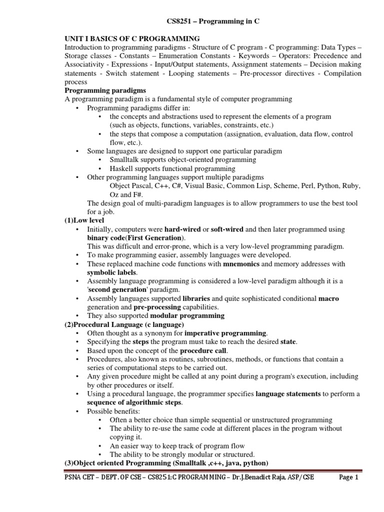 cs8251 C Material | PDF | Programming Paradigms | Array Data Structure