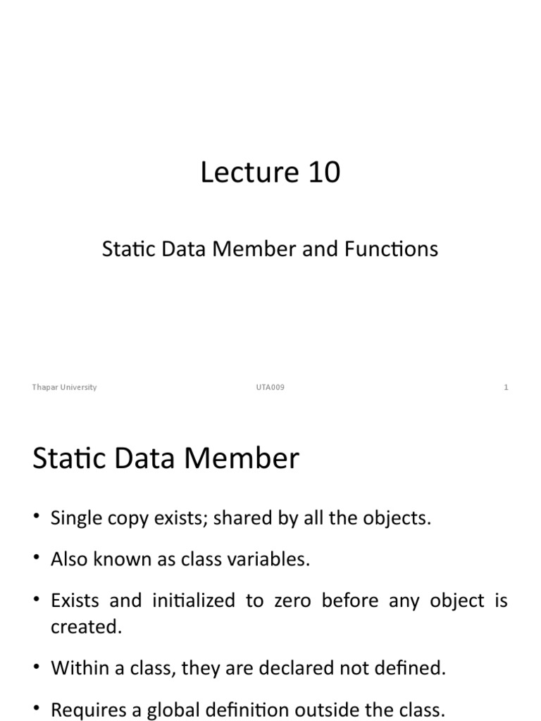 Static Data Member and Functions: Thapar University 1 UTA009 | PDF | Scope (Computer Science ...