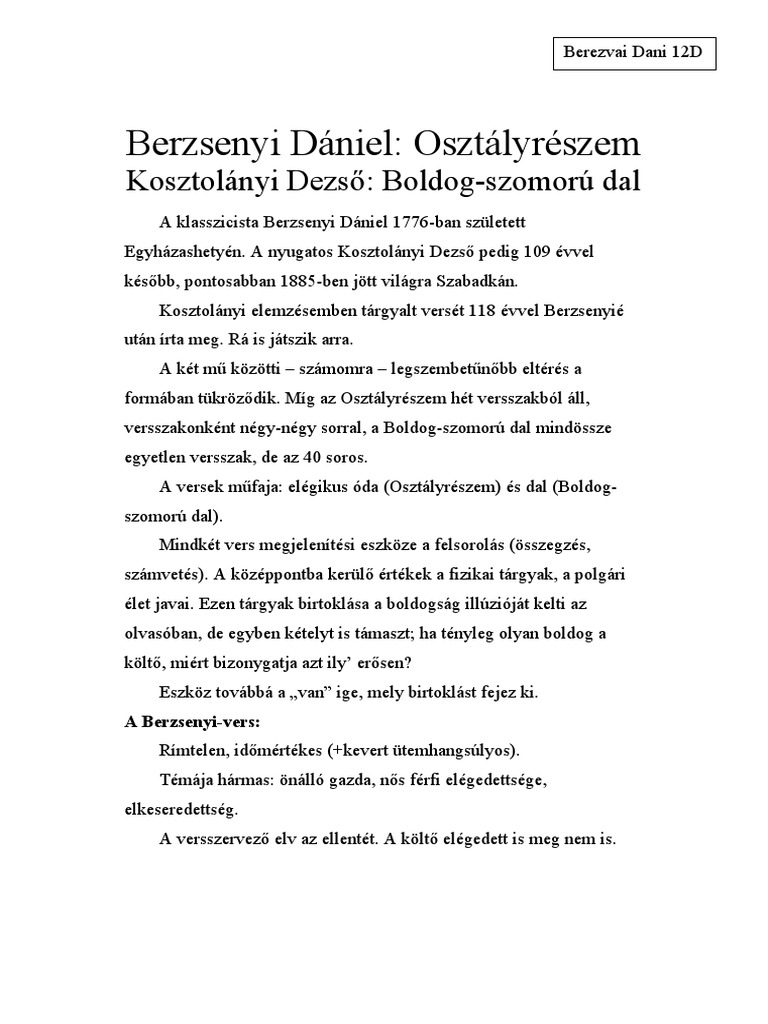 Berzsenyi Dániel Osztályrészem Kosztolányi Dezso Boldog Szomorú Dal | PDF