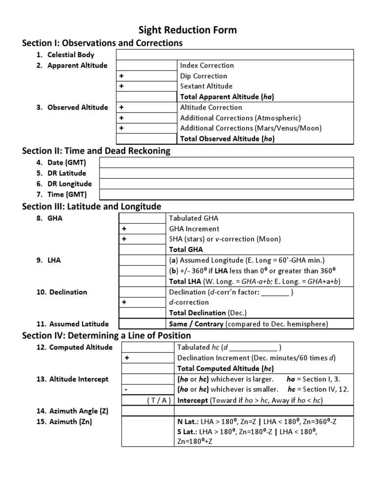 Sight Reduction Form: Section I: Observations and Corrections ...