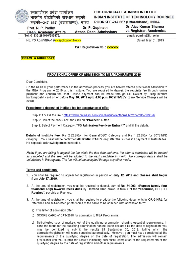 Offer Letter 1stround | PDF | University And College Admission | Fee