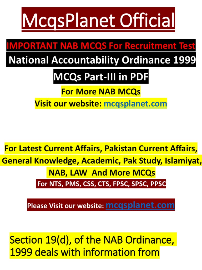 NAB TEST MCQS in PDF Part-3 | PDF | Government Institutions | Justice
