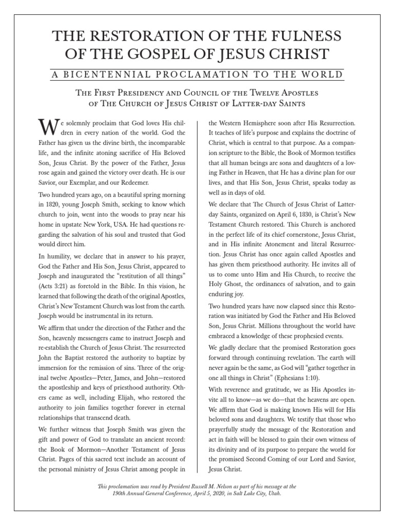 The Restoration of The Fulness of The Gospel of Jesus Christ: A ... The Restoration of The Fulness of The Gospel of Jesus Christ: A ...