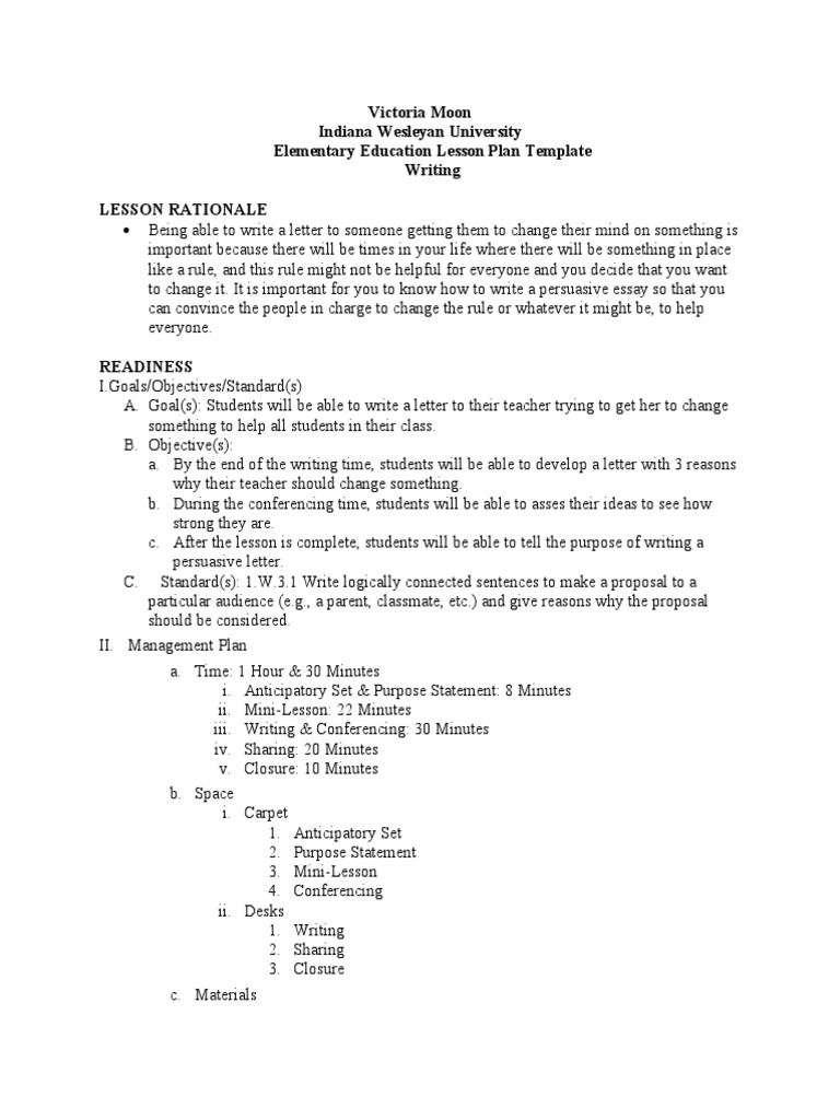 Victoria Moon Indiana Wesleyan University Elementary Education Lesson ...