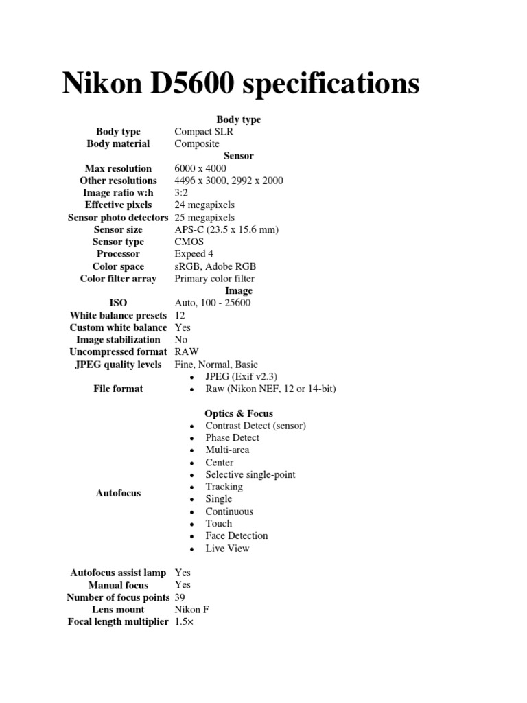 Nikon D5600 Specifications PDF | PDF | Live Preview | Raw Image Format