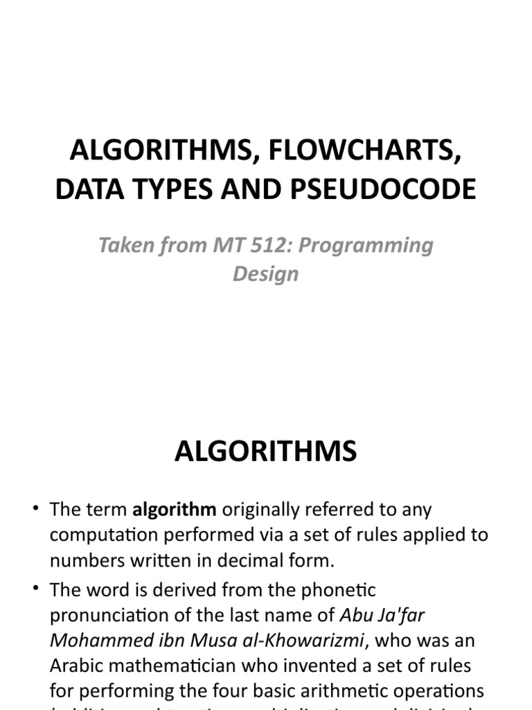 Algorithms, Flowcharts, Data Types and Pseudocode | PDF | Algorithms ...
