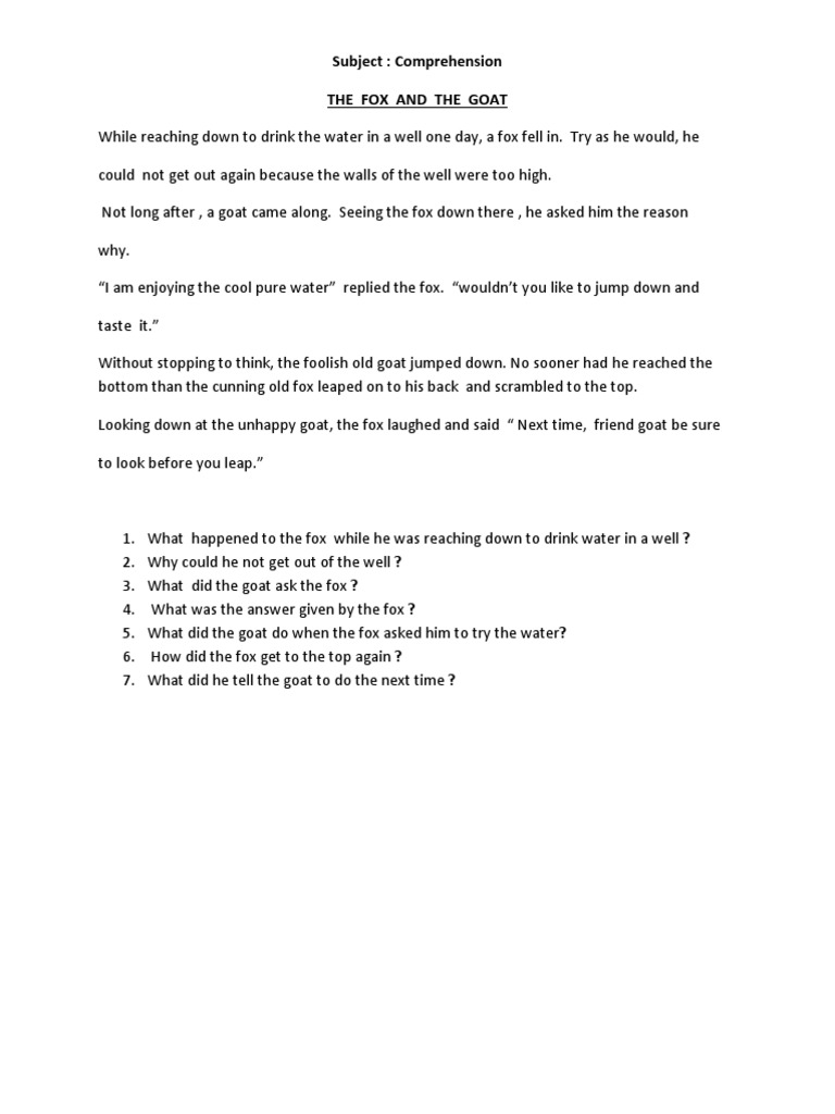 Subject: Comprehension The Fox and The Goat | PDF