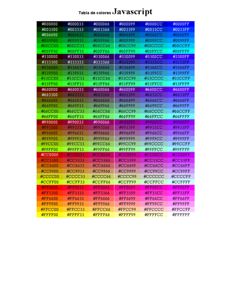 A comprehensive list of hexadecimal color codes arranged in a table for ...