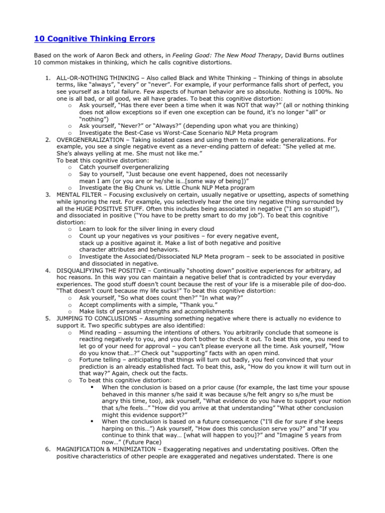Cognitive Thinking Errors | PDF | Action (Philosophy) | Psychology