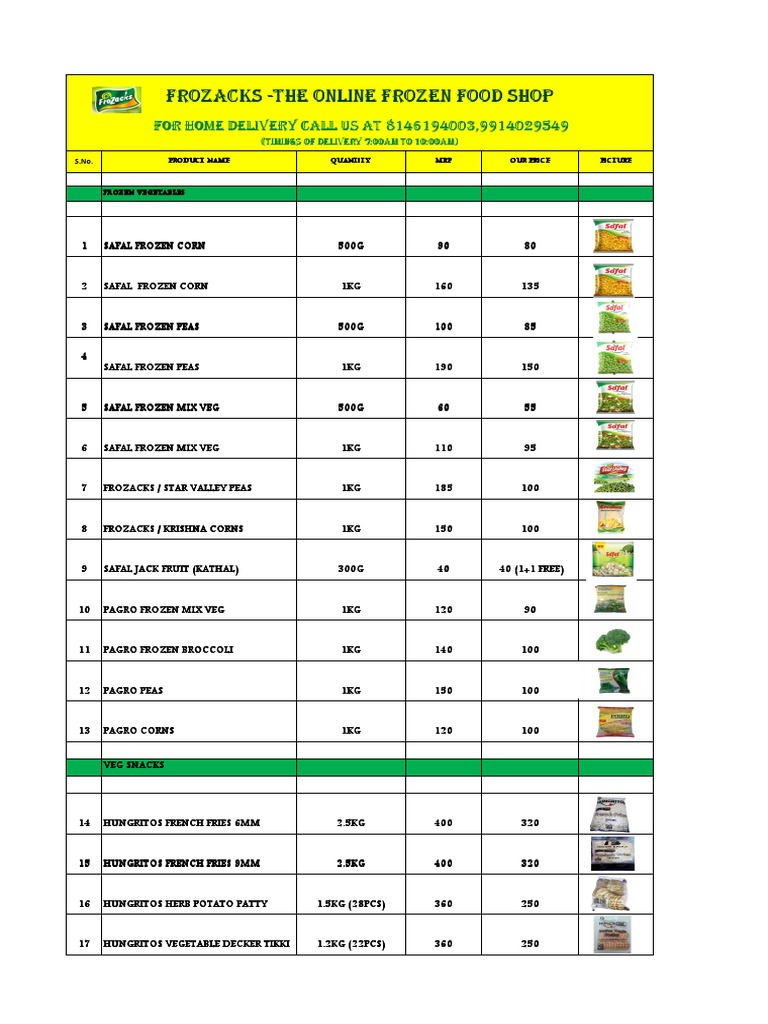Frozen Food Price List and Products | PDF | Kebab | Pork
