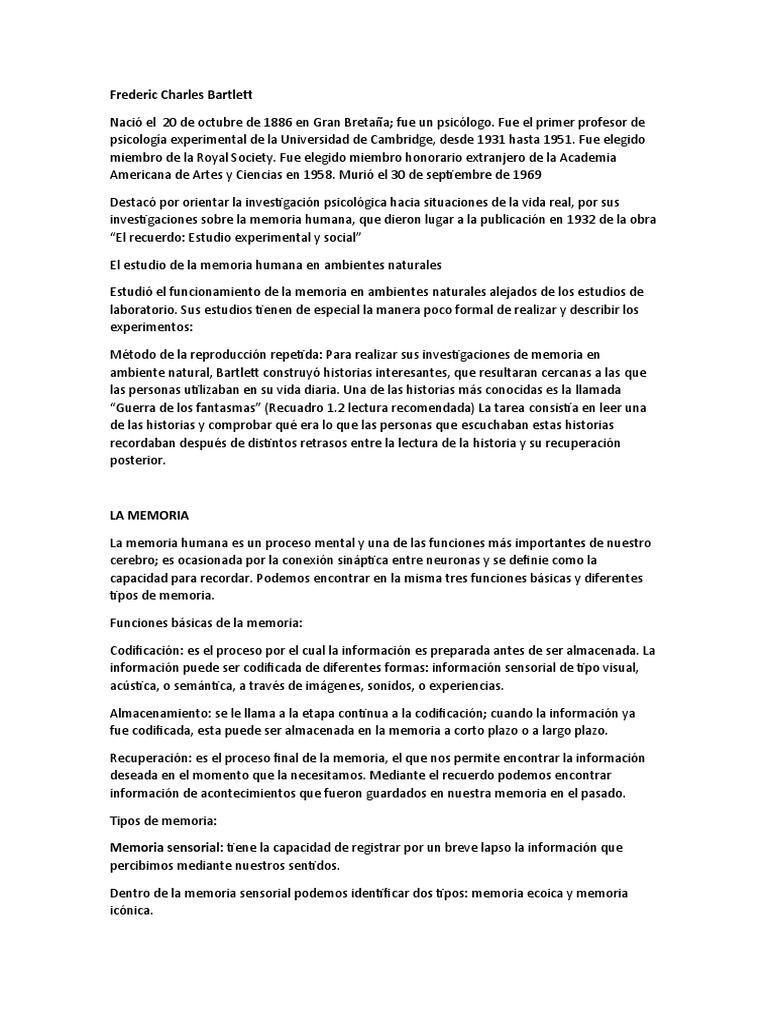 Frederic Charles Bartlett | PDF | Memoria | Procesos mentales