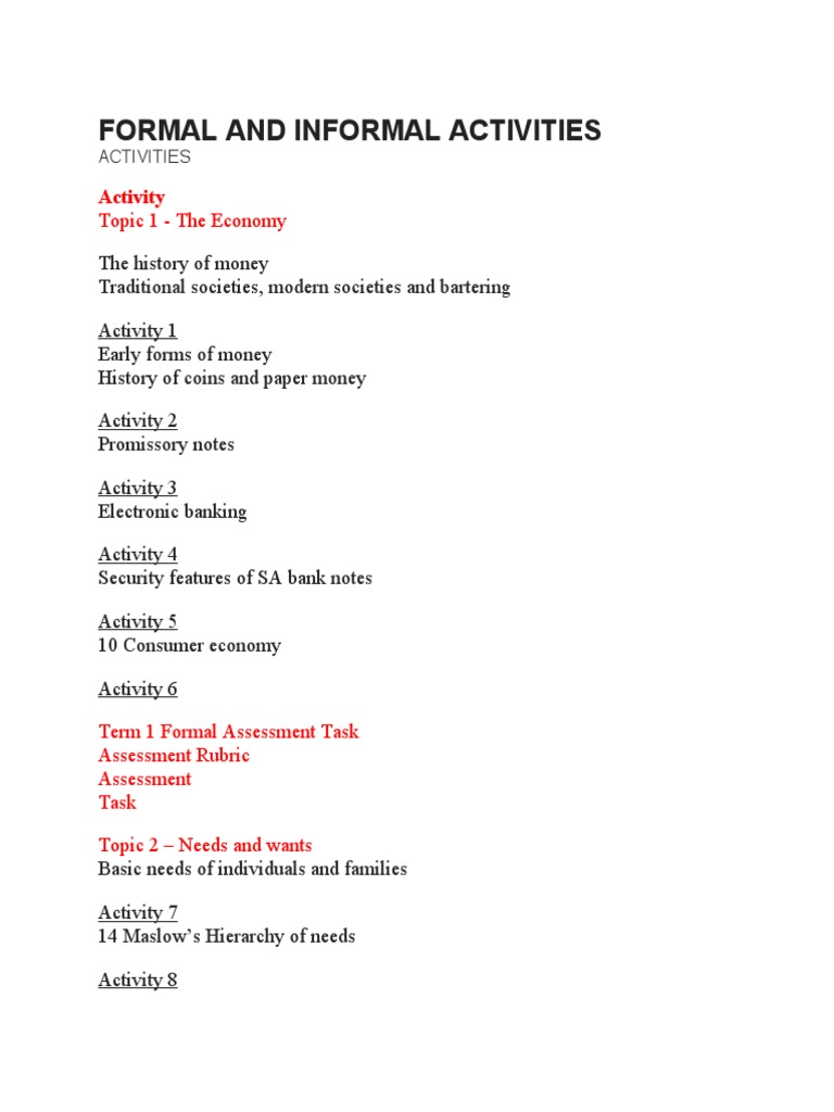 Formal and Informal Activities Ems Grade 7 | PDF | Resource | Banknote