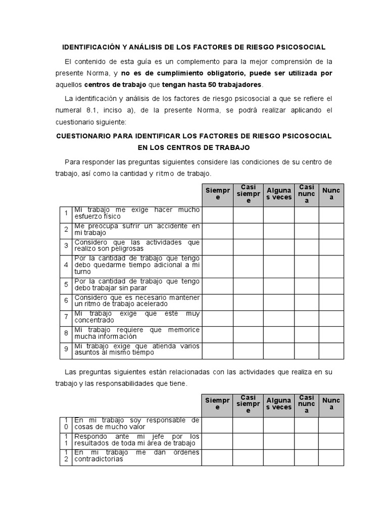 Identificación y Análisis de Los Factores de Riesgo Psicosocial | PDF | Cuestionario | Tiempo de ...