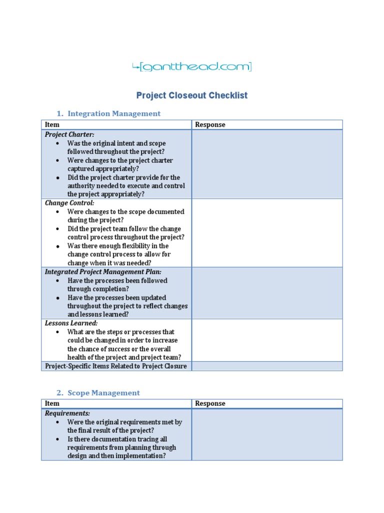 Project Closeout Checklist: 1. Integration Management | PDF | Budget ...